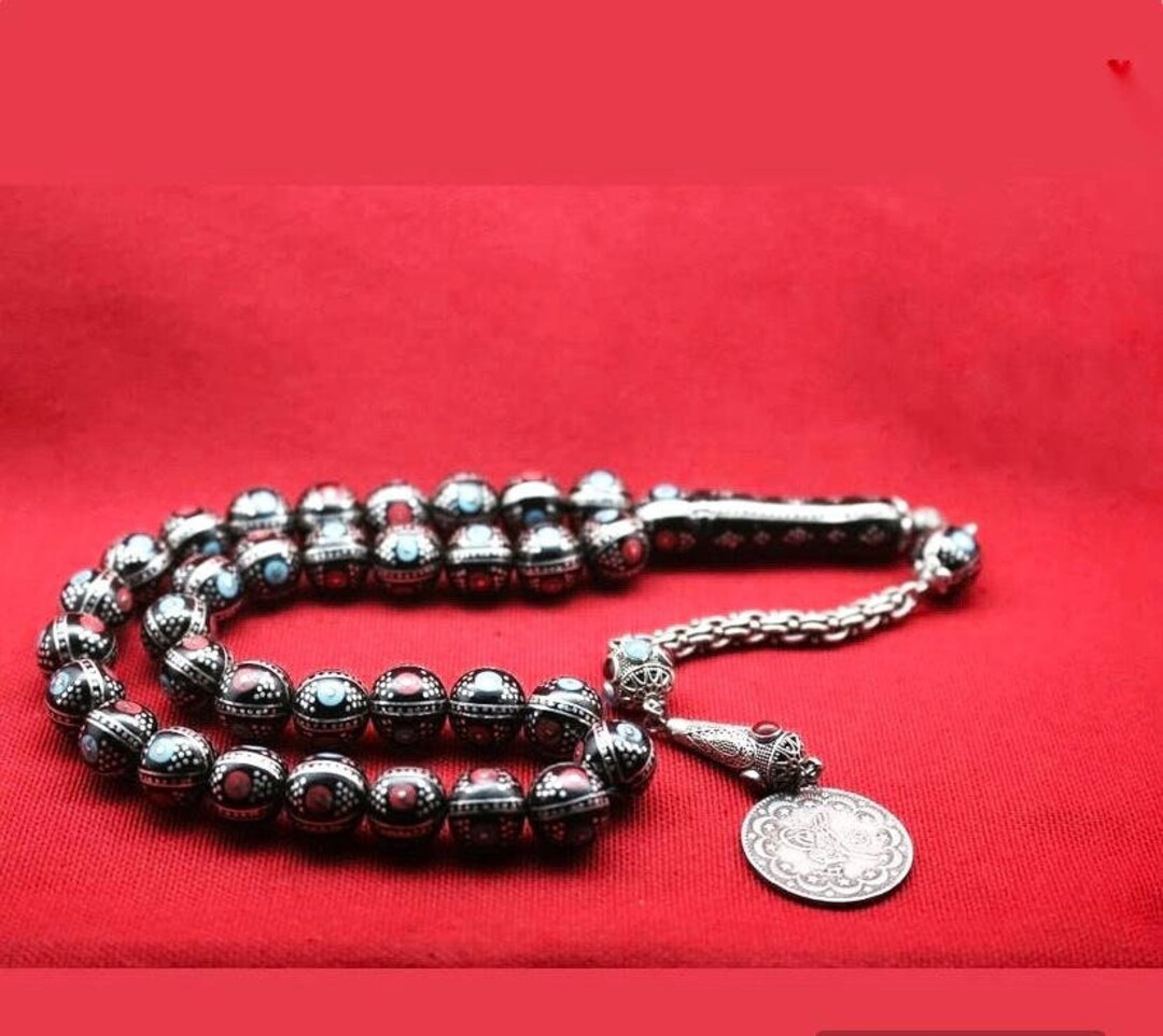 Ottoman Designed Erzurum Oltu Stone Rosary , Red and Blue Detail ...
