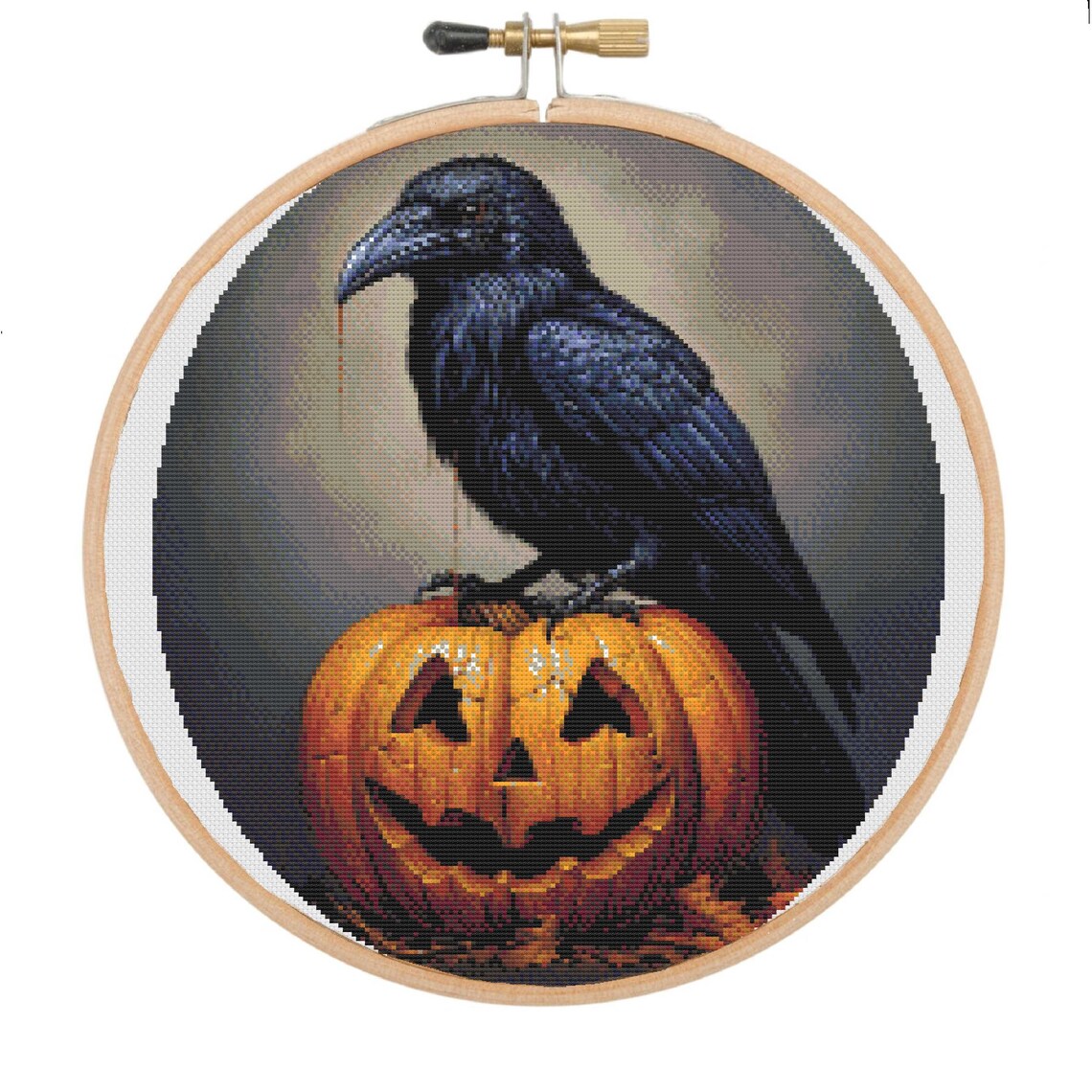 Black Raven With Pumpkin Counted Cross Stitch Pattern - Etsy