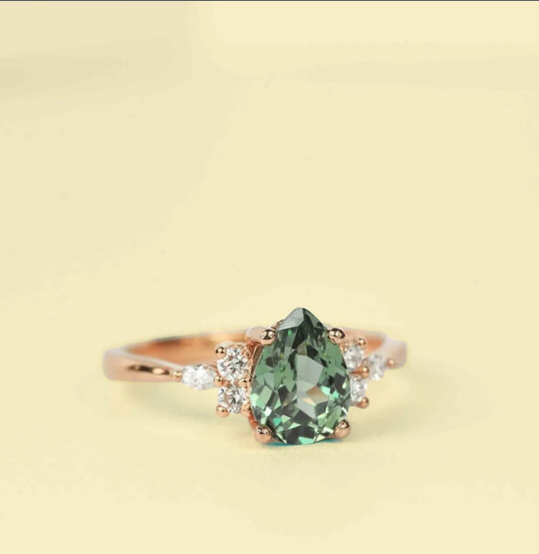 Pear Green Sapphire Engagement Ring 14k Rose Gold Green Sapphire Ring ...