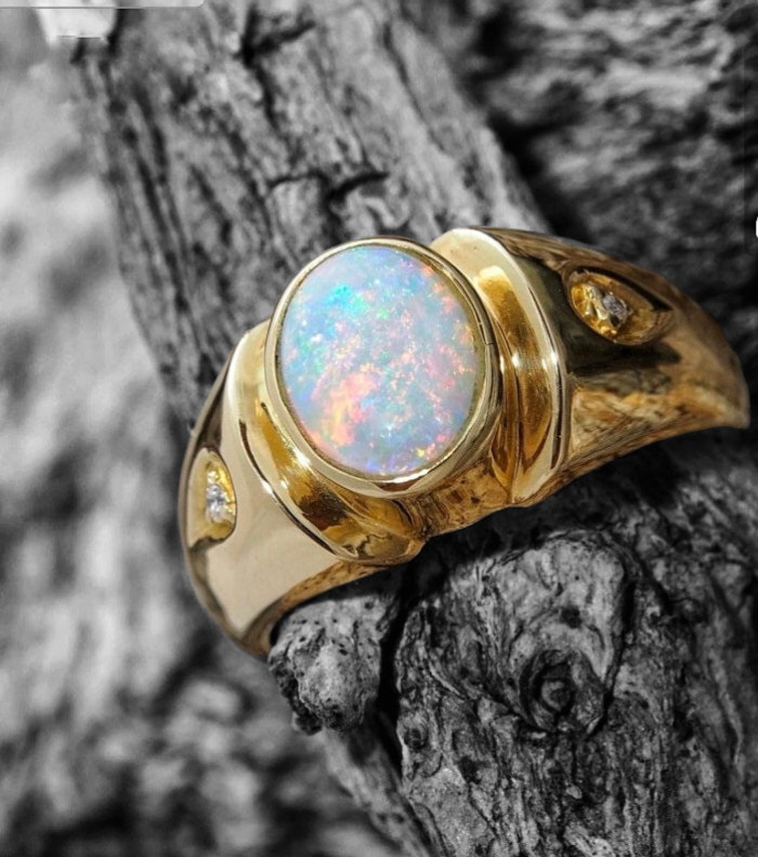 Natural White Opal Men's Ring 14k Gold Fire Opal Men's Engagement Ring ...