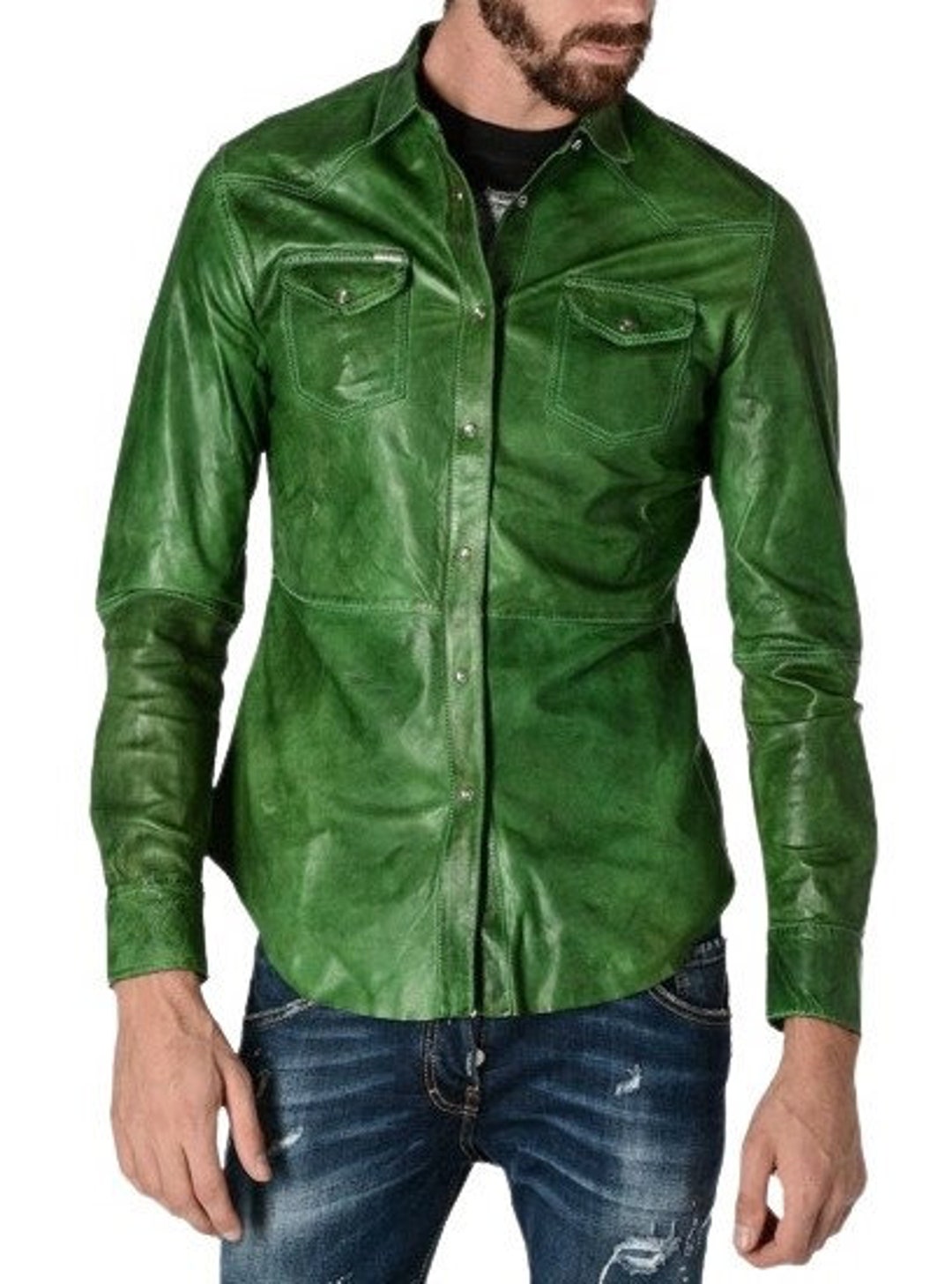 Men's Waxed Green Leather Shirt Jacket Handmade Genuine Leather Shacket ...