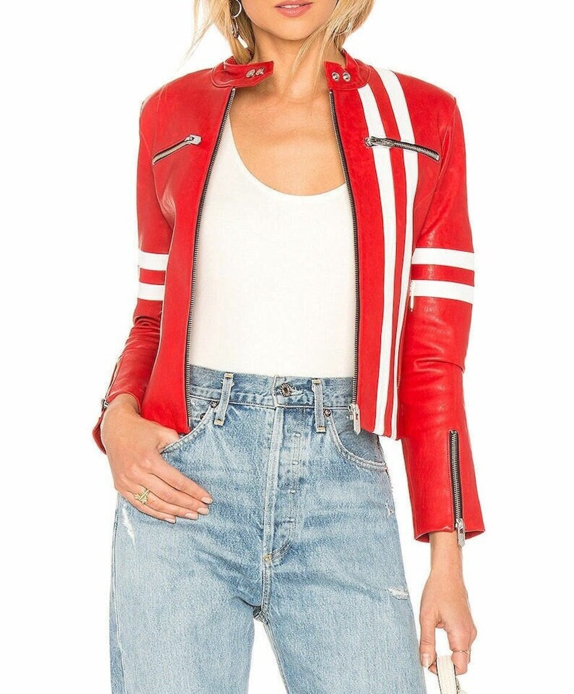 Women's Stylish Cafe Racer Red Leather Jacket Handmade Red Retro White ...