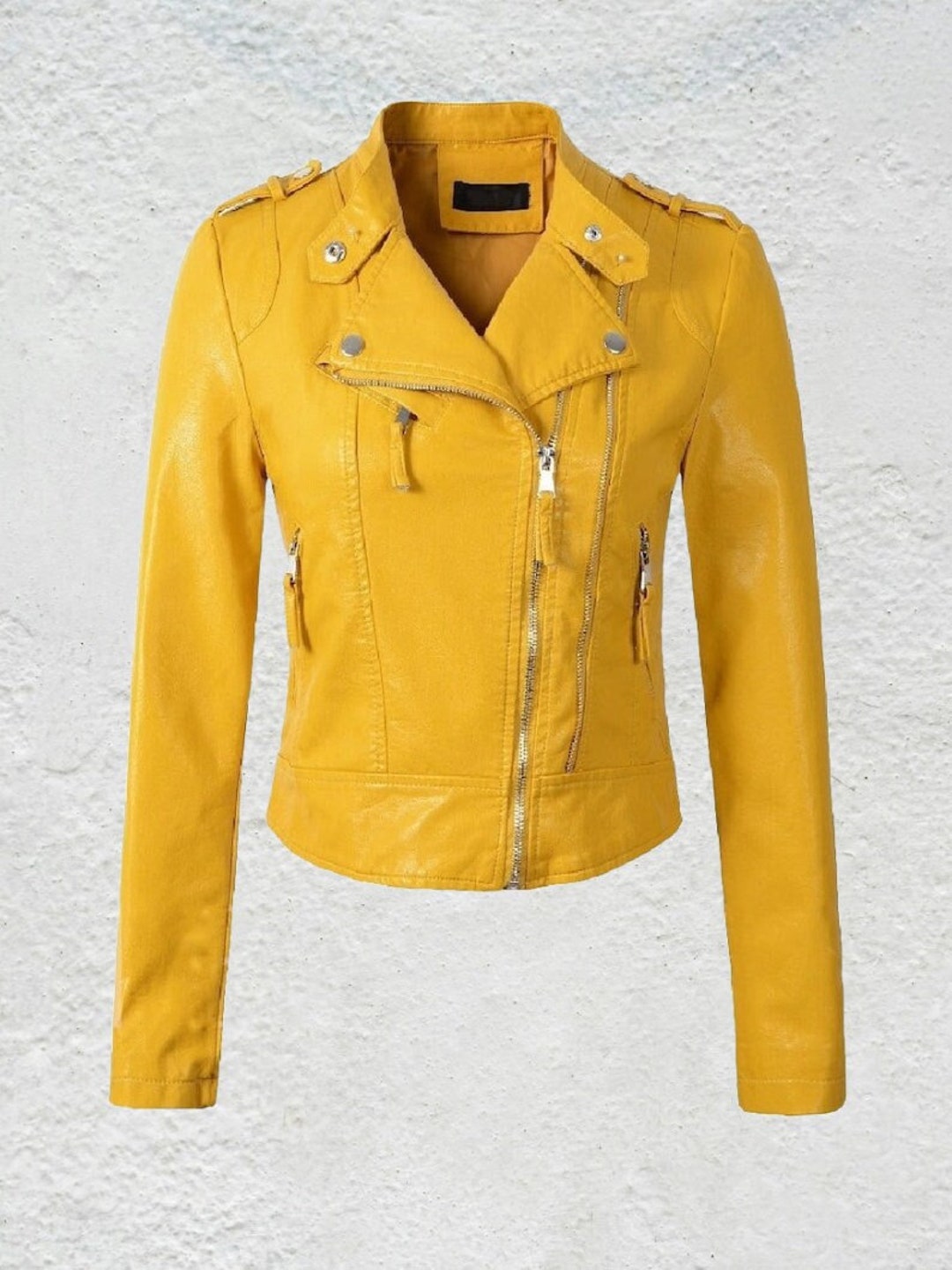 Women's Asymmetrical Yellow Leather Biker Jacket Real Soft Lambskin ...