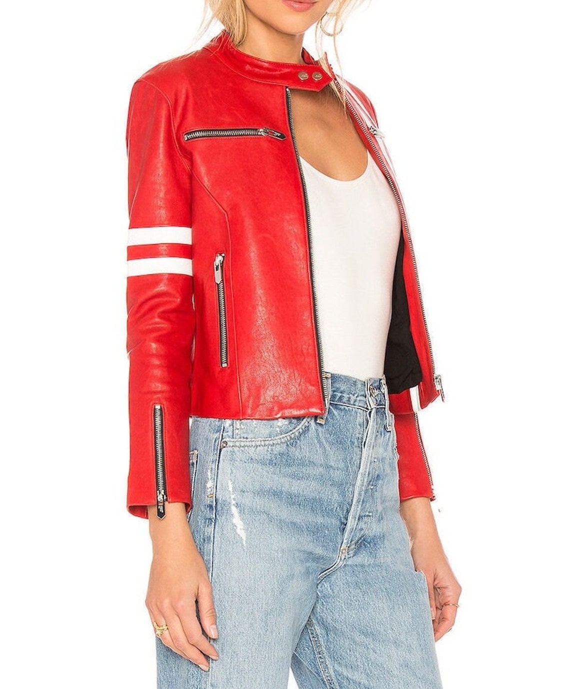 Women's Stylish Cafe Racer Red Leather Jacket Handmade Red Retro White ...