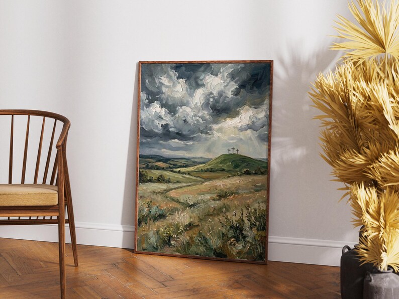 Golgotha Landscape Painting, Impasto Christian Art, Easter Sunday ...