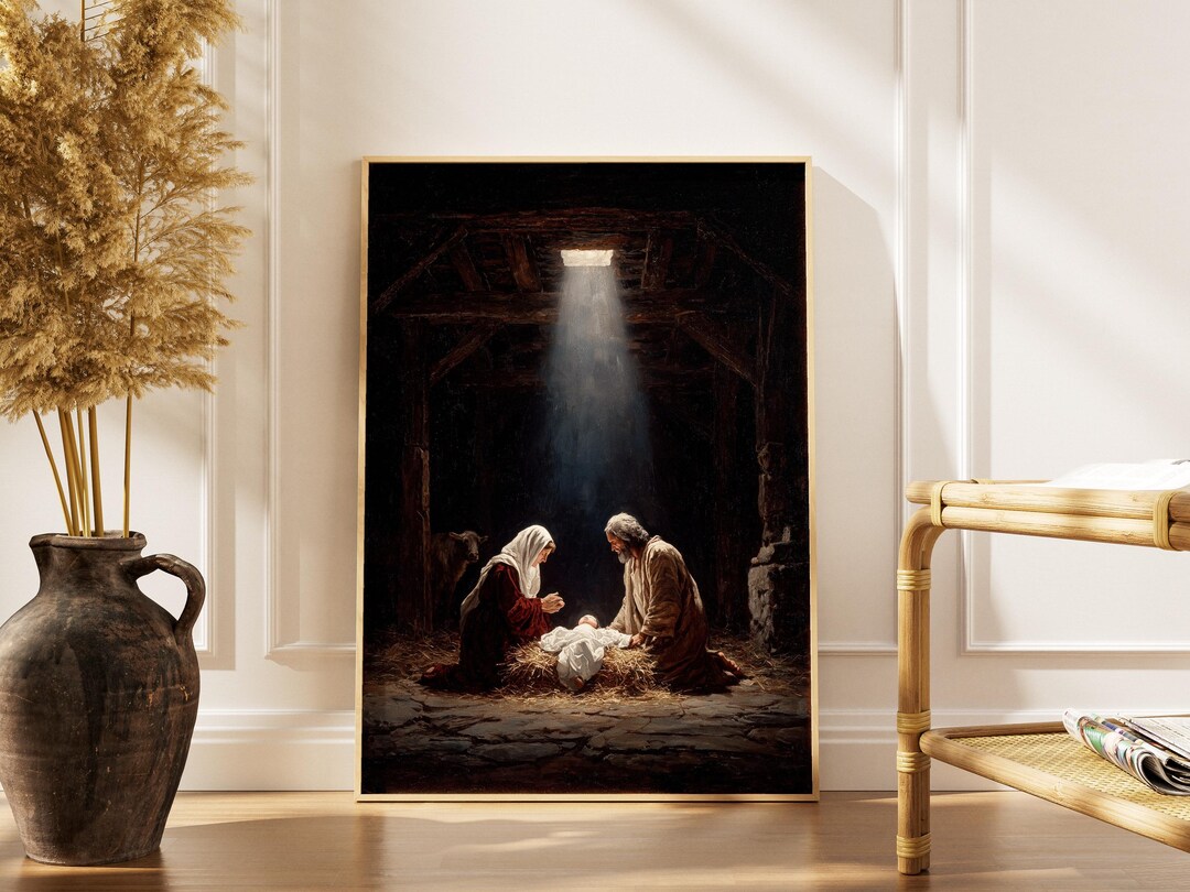 Holy Family Nativity Scene Printable, Christmas Wall Art Decor, Moody ...