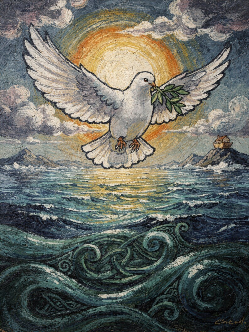 Dove With Olive Branch Art, Noah's Ark Print, Holy Spirit Wall Decor ...