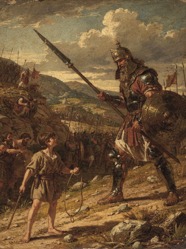 David and Goliath Art, Bible Story Print, Courage Wall Decor, Old ...