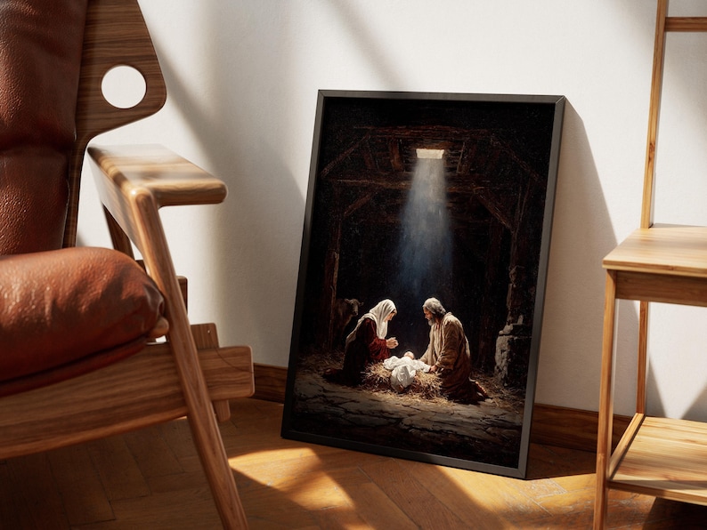 Holy Family Nativity Scene Printable, Christmas Wall Art Decor, Moody ...