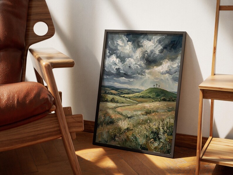 Golgotha Landscape Painting, Impasto Christian Art, Easter Sunday ...