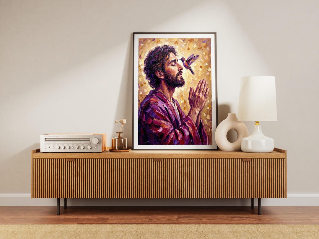Purple Jesus Portrait, Impasto Palette Knife Christian Art, Hummingbird ...