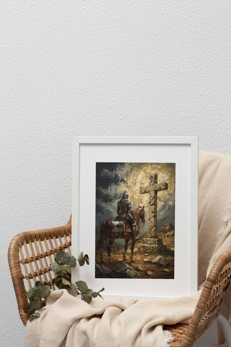 Knight at Cross Art, Wayside Shrine Print, Christian Pilgrim Horseback ...