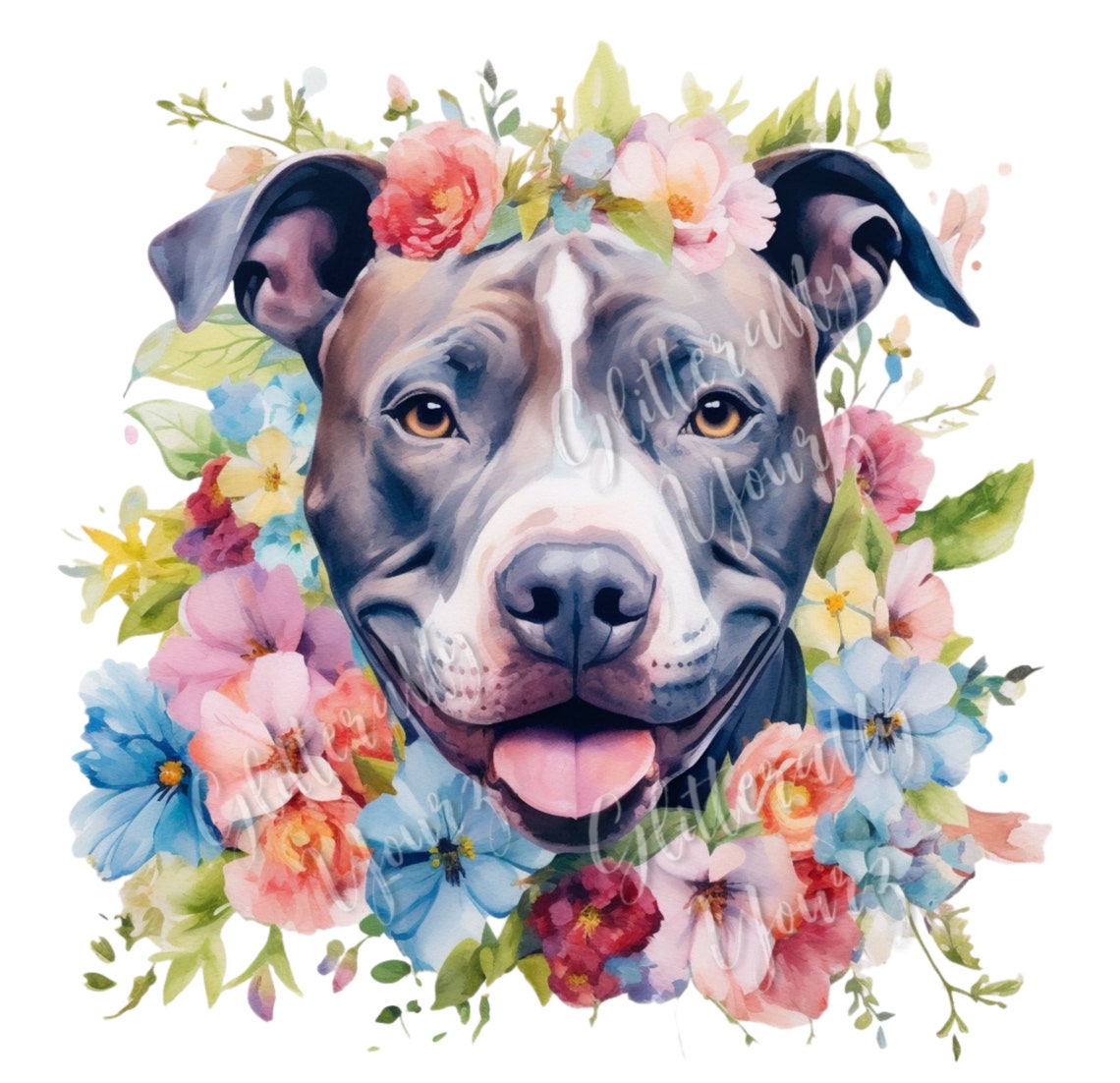 Watercolor Floral Pitty PNG, Pitbull With Flowers PNG, Pretty Pitbull ...