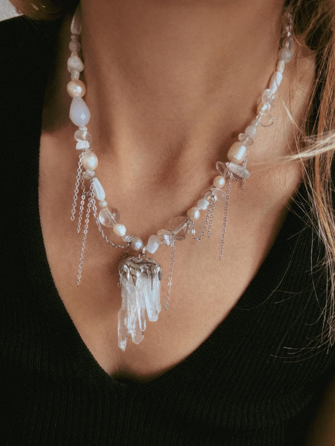 Spiky Beaded Necklace, White Raw Quartz Statement Jewelry, Goth Choker ...