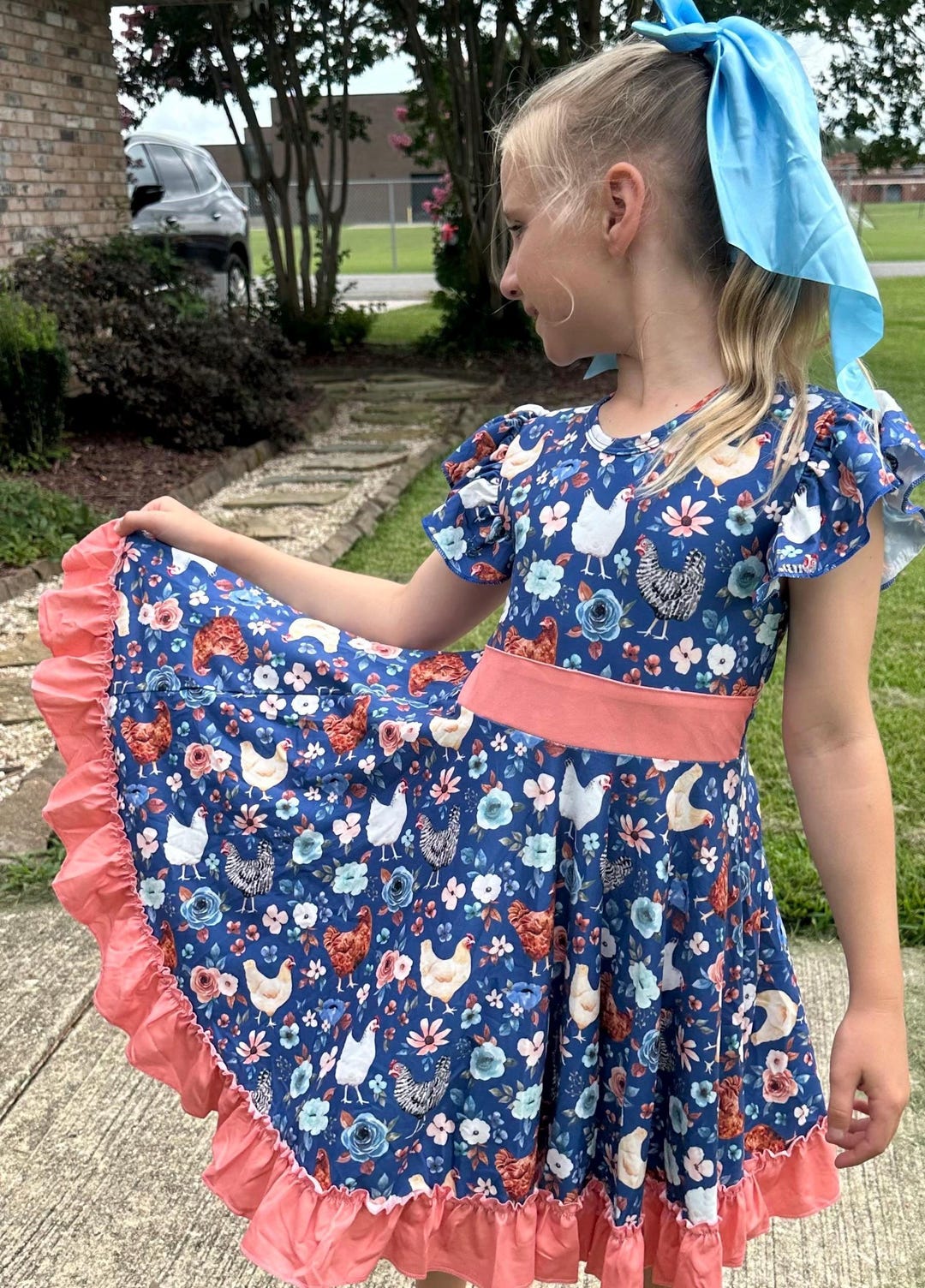 Blue Floral Chickens Bow Back Twirl Dress - Etsy