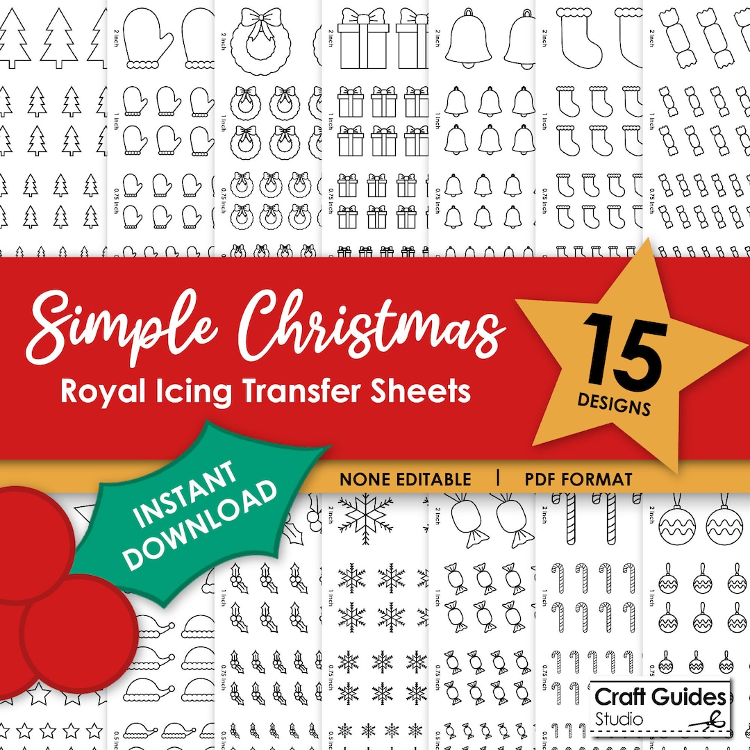 Simple Christmas Royal Icing Transfer Sheets, Traceable Sheets ...