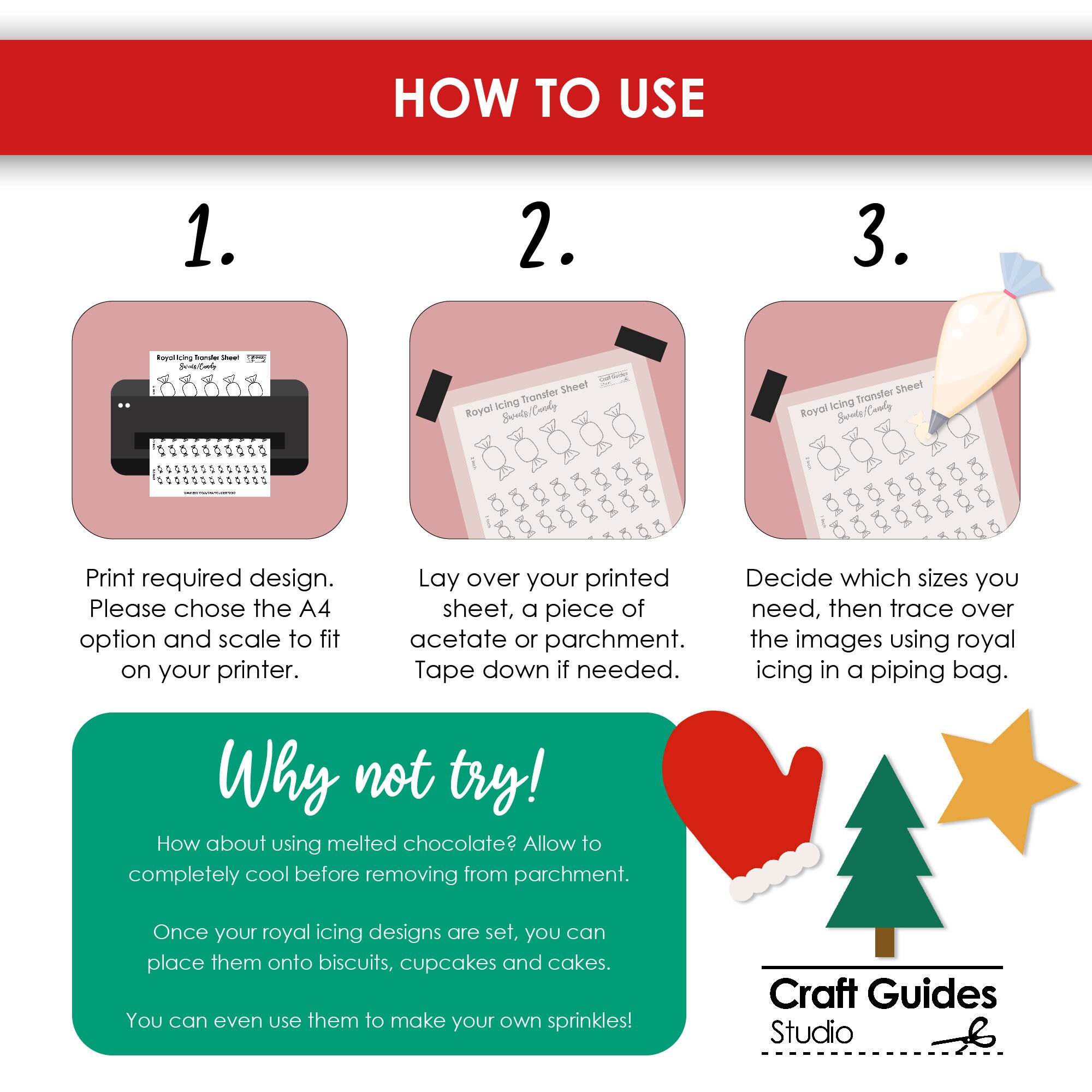 Simple Christmas Royal Icing Transfer Sheets, Traceable Sheets ...