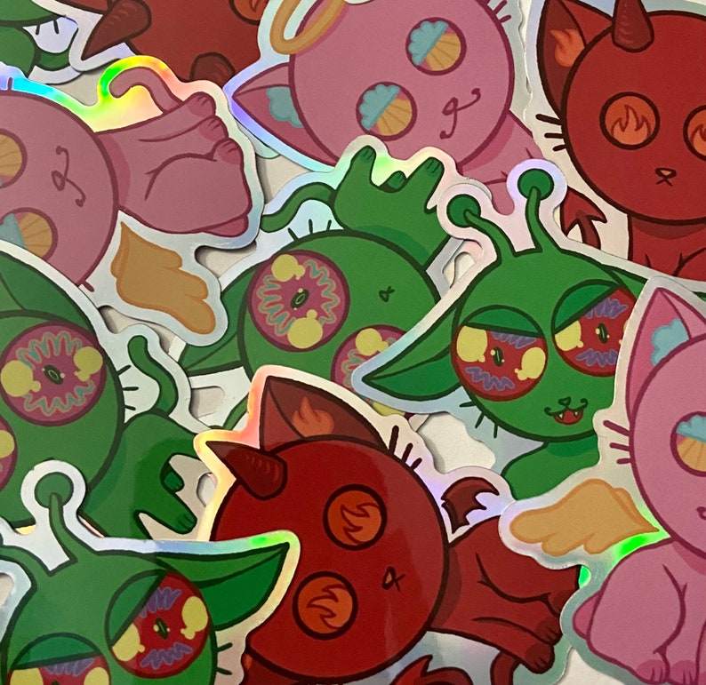 Holographic Alien, Angel, and Devil Kitty Cute 3 Stickers - Etsy