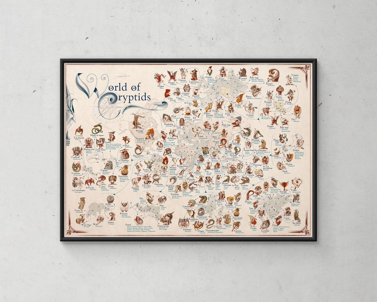 World of Cryptids Poster - Illustrated Map of Mythical Beasts, Cryptid ...