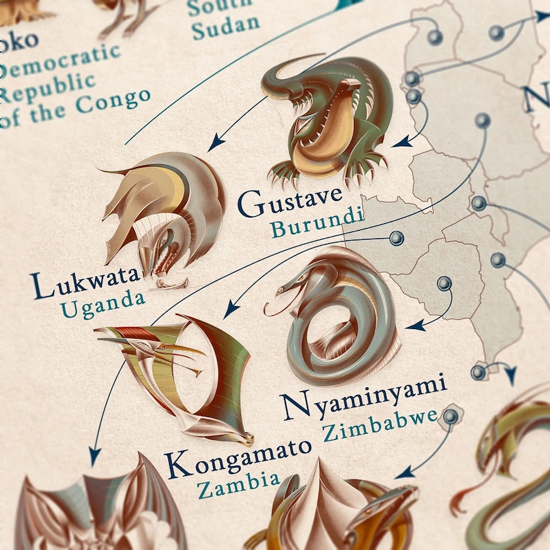 World of Cryptids Poster Illustrated Map of Mythical Beasts, Cryptid Wall Art - Etsy