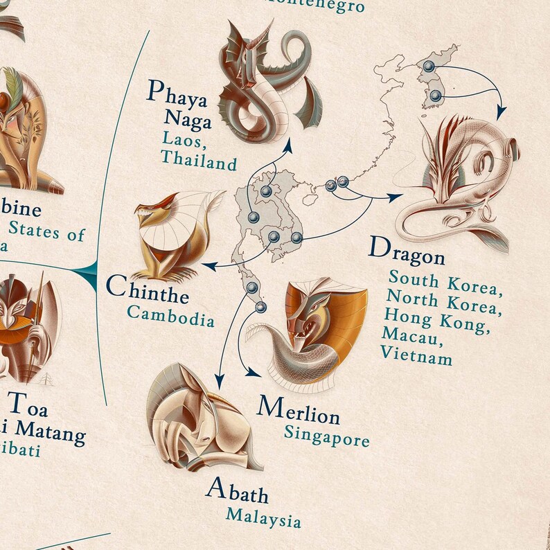 World of Cryptids Poster - Illustrated Map of Mythical Beasts, Cryptid ...