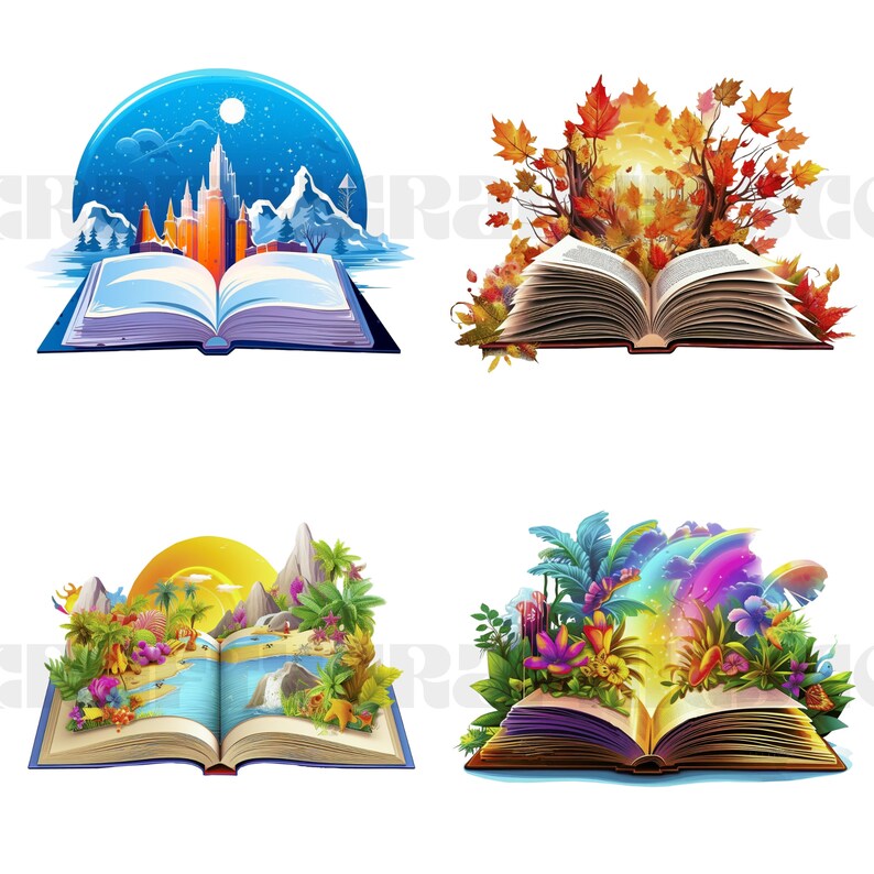 Open Magic Seasons Book Clipart Bundle PNG, SVG Summer, Spring, Fall ...