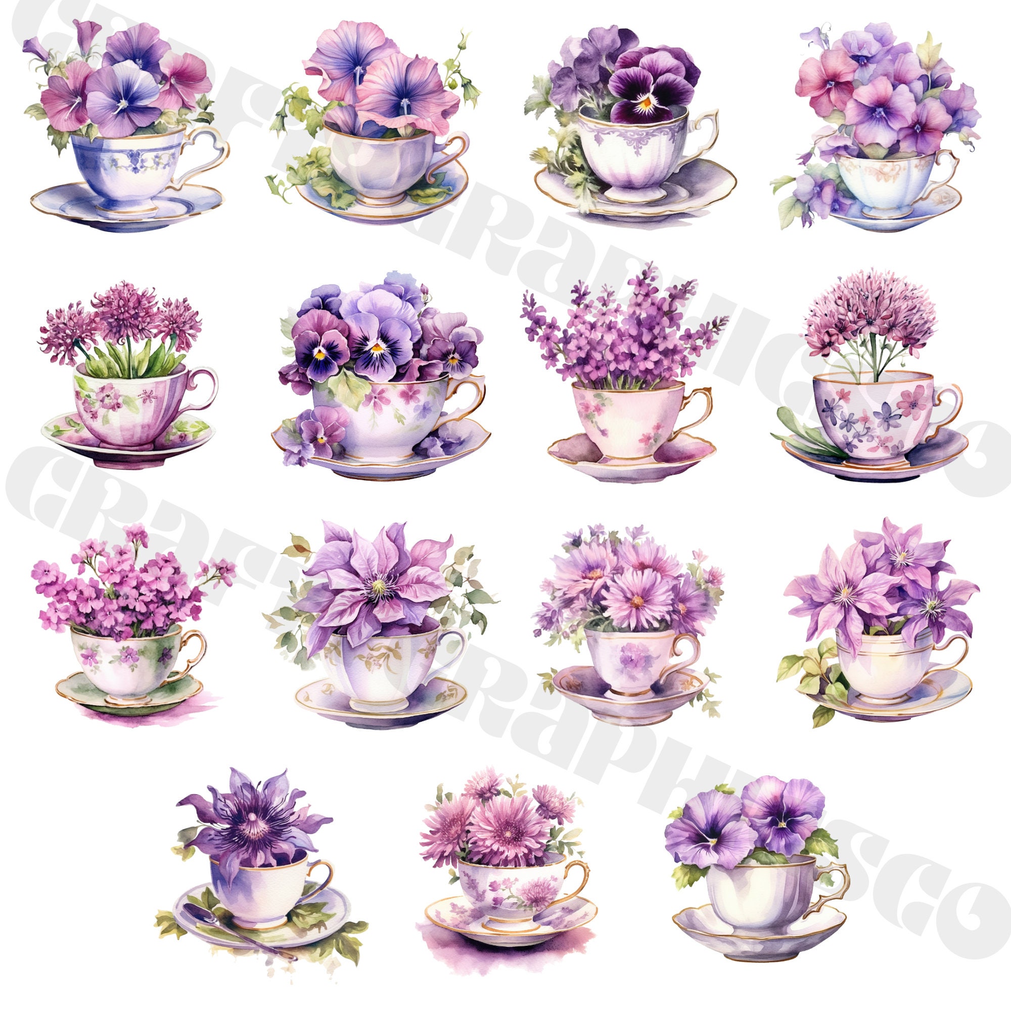 Purple Flowers in Teacups Clipart Bundle Tea Cup Clipart Bundle ...