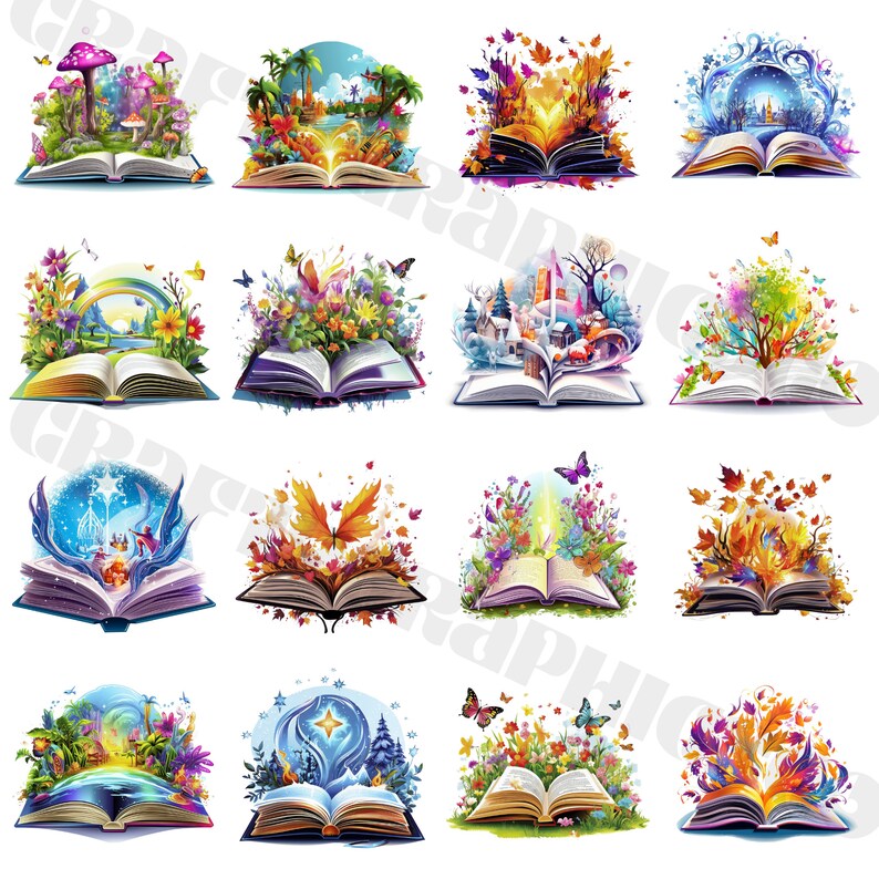 Open Magic Seasons Book Clipart Bundle PNG, SVG Summer, Spring, Fall ...