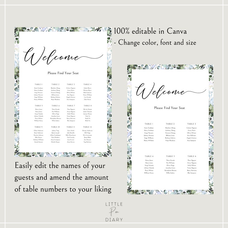 Editable Wedding Seating Chart With Border CANVA Template - Etsy