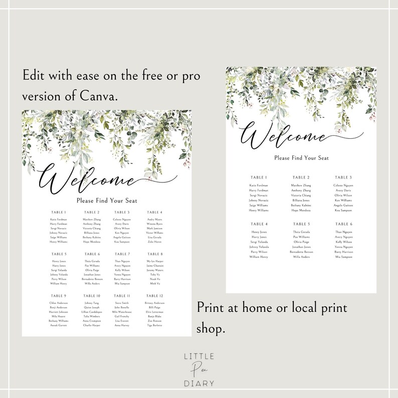 Editable Wedding Seating Chart CANVA Template Seating Sign - Etsy