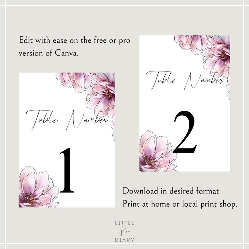 Editable Table Numbers, CANVA Template Wedding Table Numbers, Floral ...