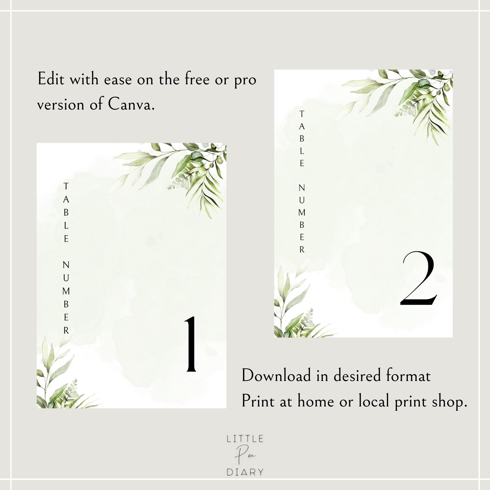 Editable Wedding Table Numbers CANVA Template, Light Green Leaf Border ...