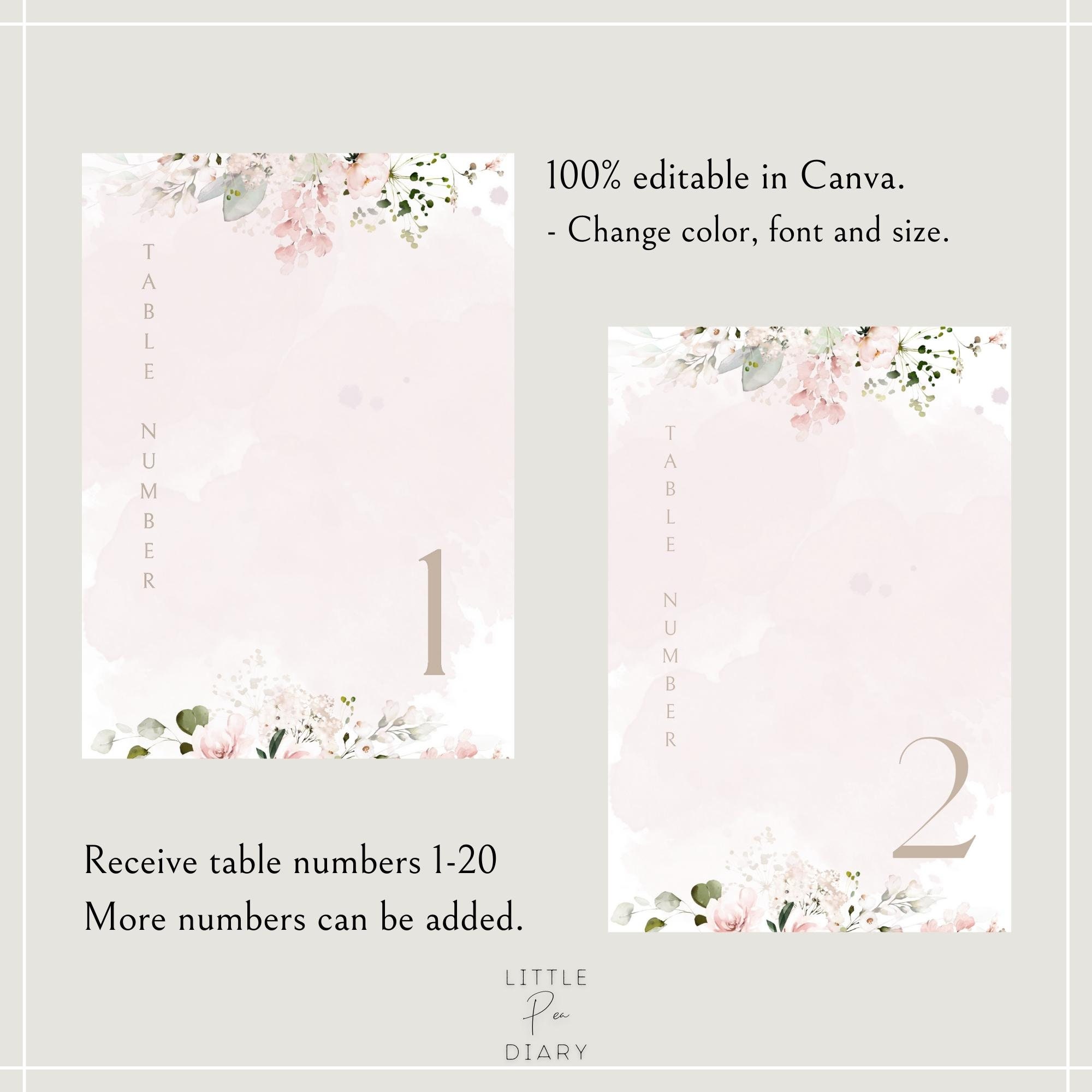 Editable Wedding Table Numbers CANVA Template, Light Pink Flower Border ...
