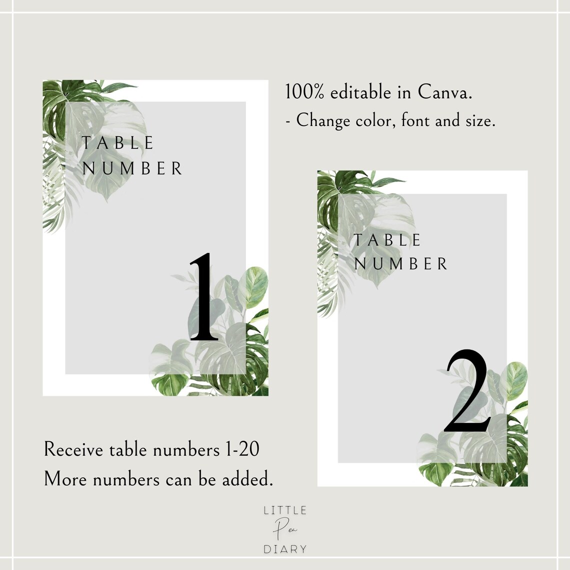 Editable Table Numbers, CANVA Template Wedding Table Numbers, Tropical ...
