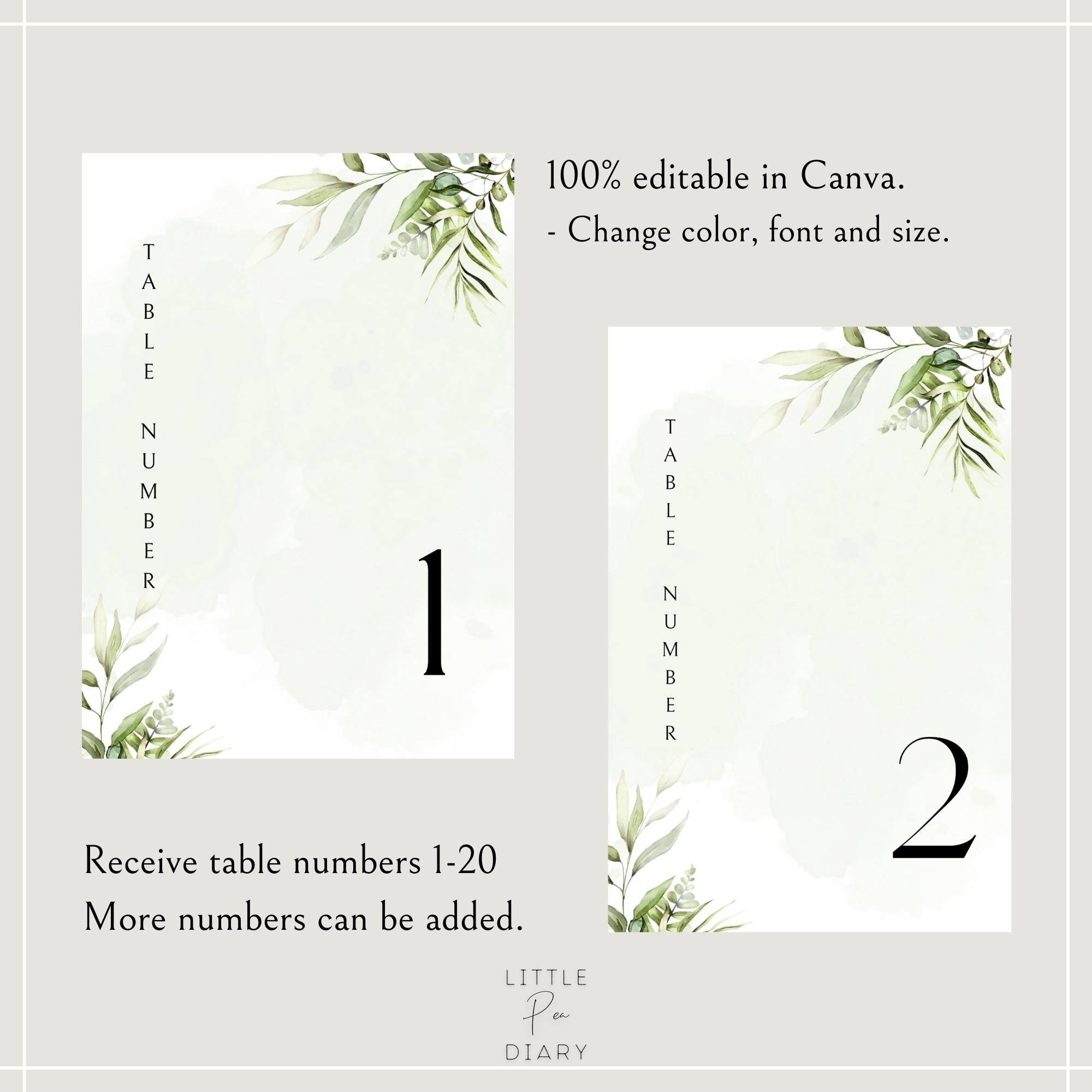 Editable Wedding Table Numbers CANVA Template, Light Green Leaf Border ...