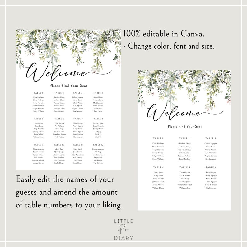Editable Wedding Seating Chart CANVA Template Seating Sign - Etsy
