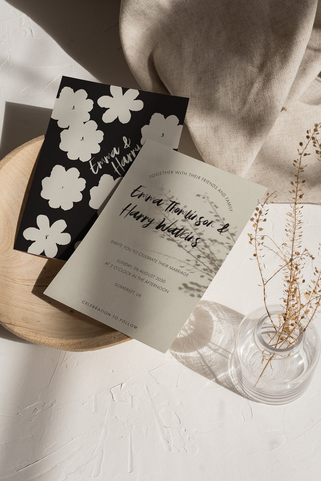 LENA | Handwritten & Hand Drawn Doodle Wedding Invite Set | Black and ...