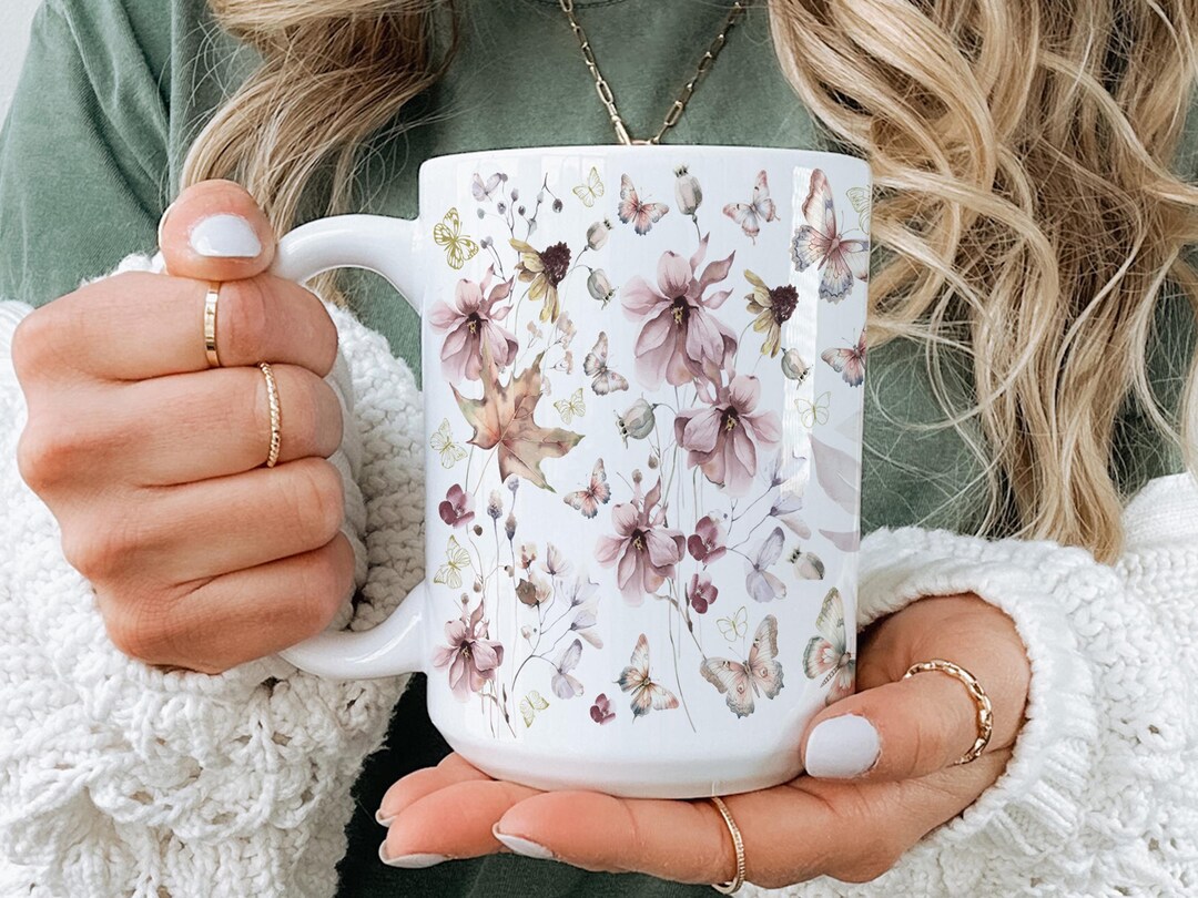 Boho Wildflowers Mug, Pressed Flowers Mug, Ceramic Coffee Cup ...