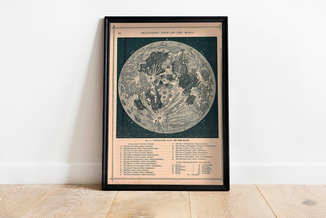 Telescopic View of the Moon Poster, Vintage Moon Map Wall Art, Antique ...