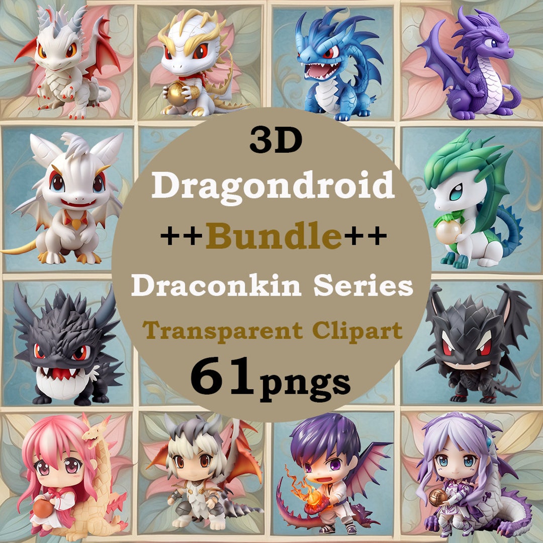 3D Cute Dragon Bundle Half Dragon Clipart, Dragondroid and Draconkin ...
