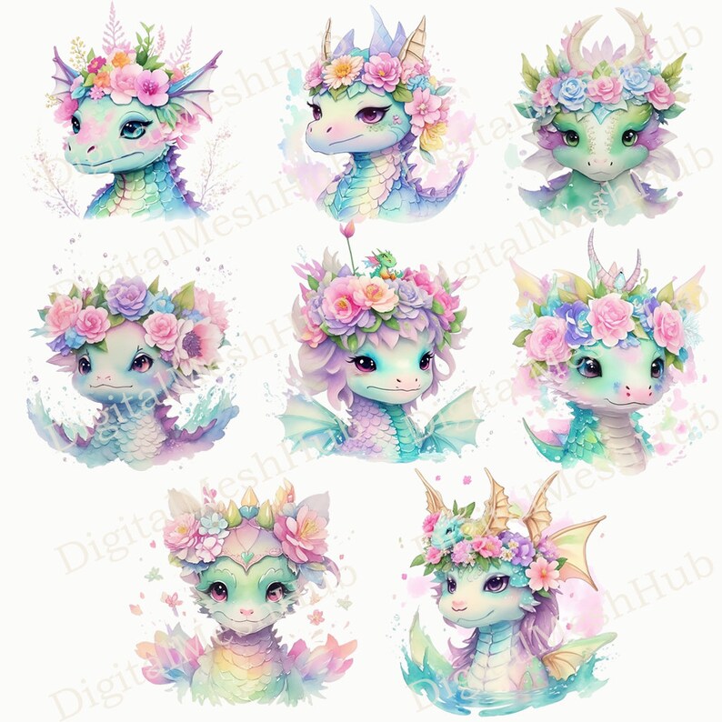 Watercolor Flower Dragon Clipart, Cute Dragon Clipart, Dragon Face ...