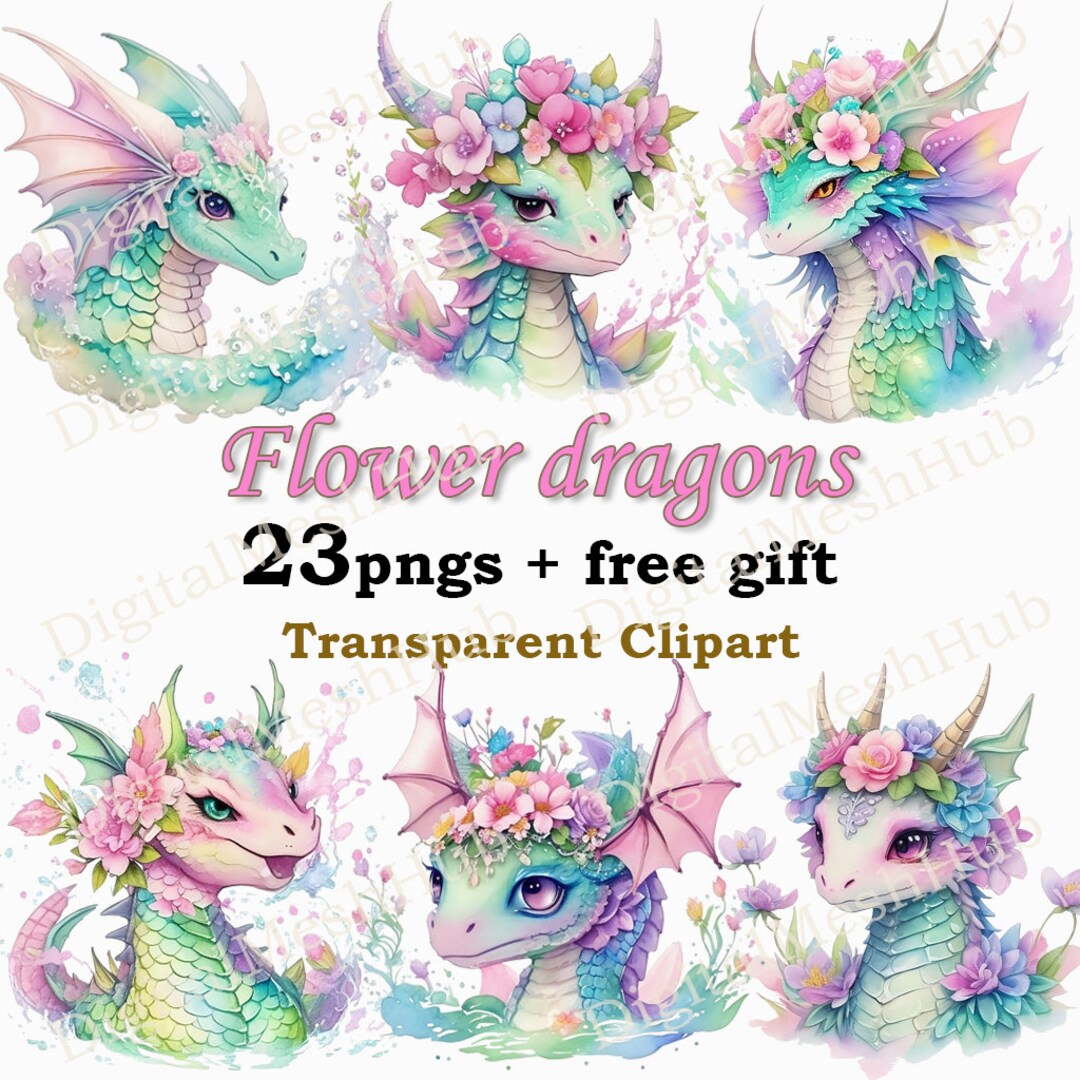 Watercolor Flower Dragon Clipart, Cute Dragon Clipart, Dragon Face ...