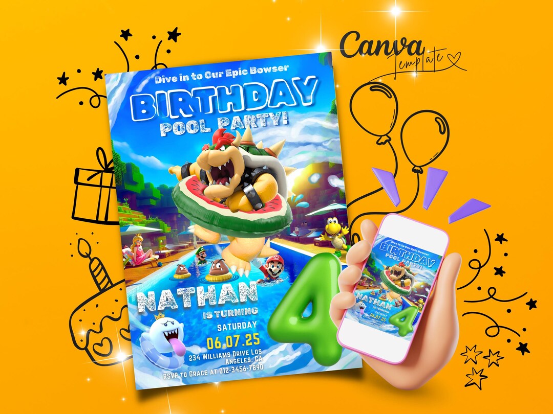 Bowser Pool Party Invitation: Mario Bros Canva Template, Changeable ...