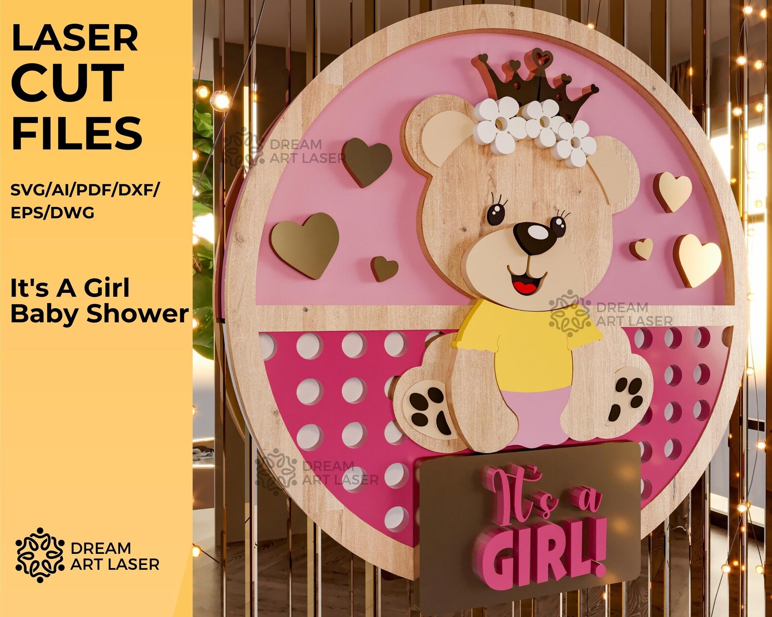 Baby Shower Laser Svg, It's a Girl Sign Laser Digital, Teddy Bear ...