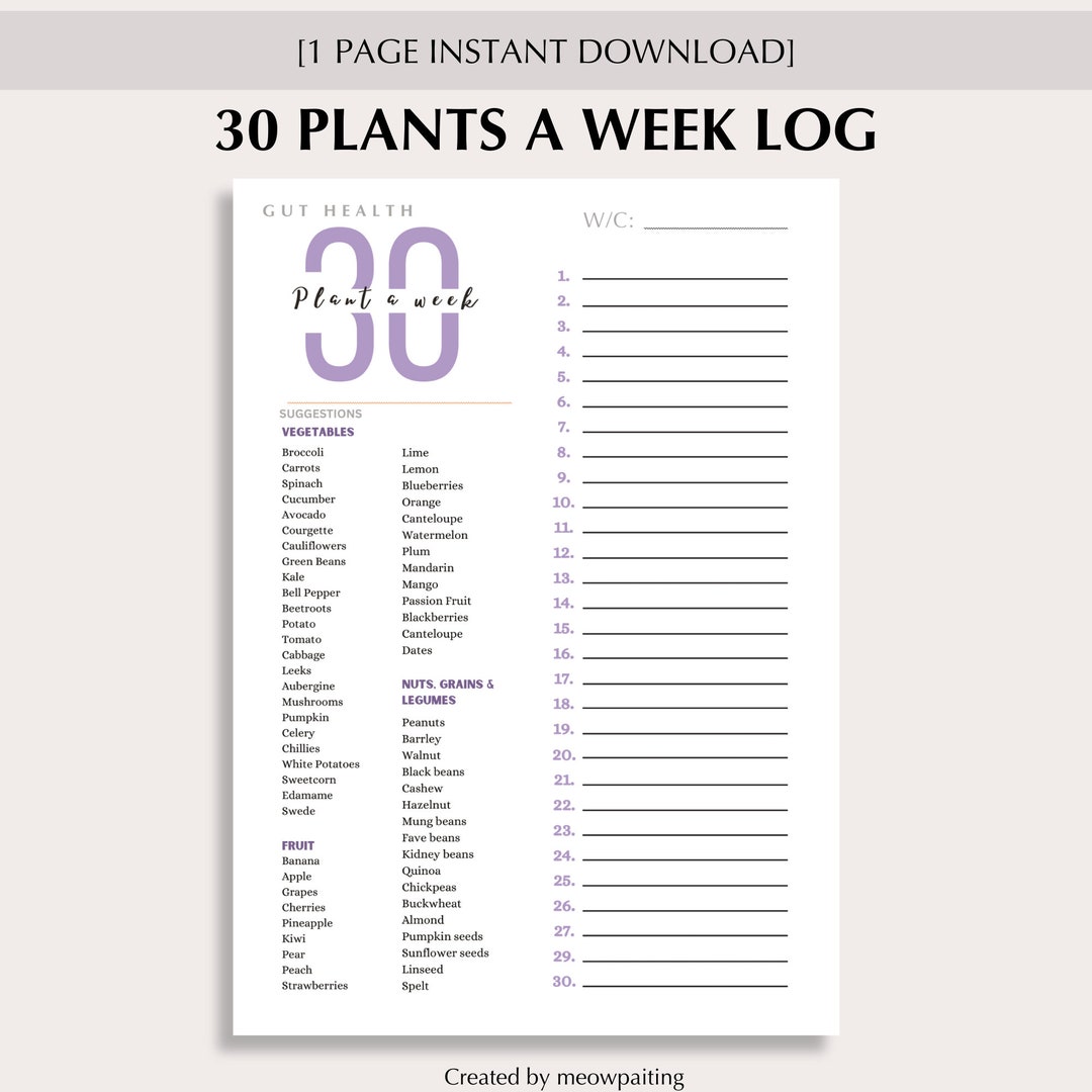 30 Plants a Week Food Log Download and Printable A4, A5, Letter and ...