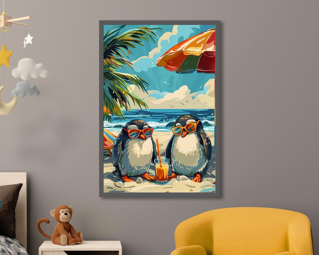 Chillin' Penguins Beach Poster – Funny Tropical Penguin Wall Art ...