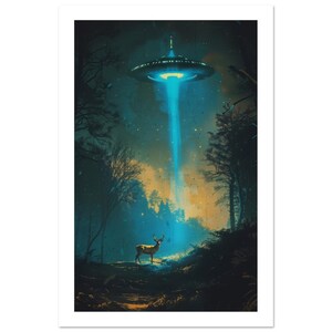 Mystical Forest Encounter Poster With UFO and Deer Alien Abduction ...