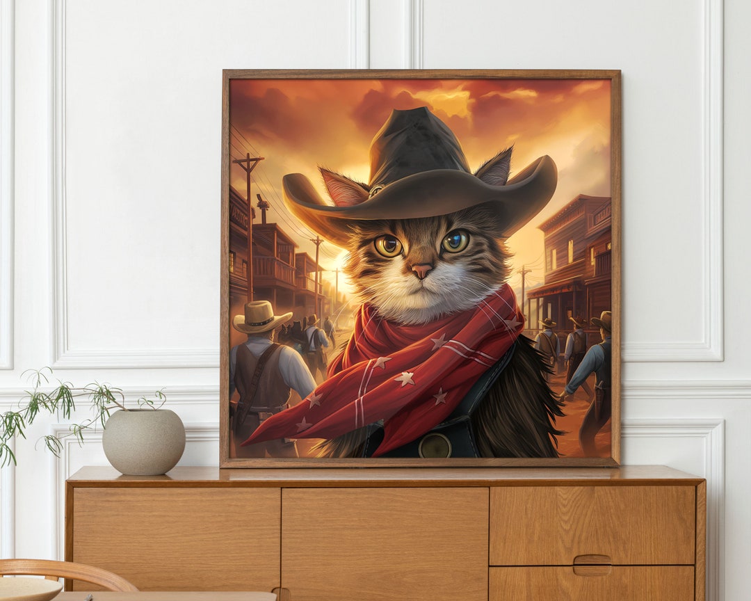 Cat Wall Art Cowboy Cat Poster | Funny Animal Print | Wild West Decor ...