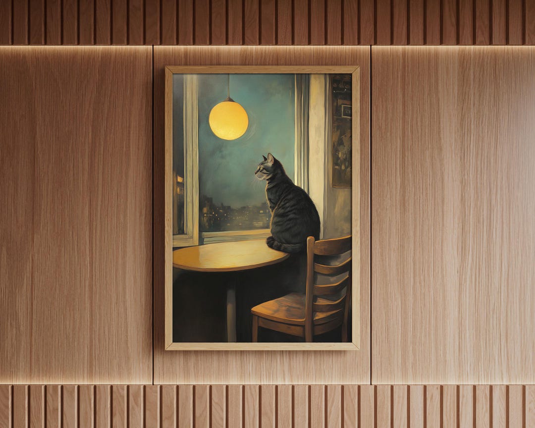 Café Cat Wall Art | Cozy Cat Poster | Nighttime Window Scene | Urban ...