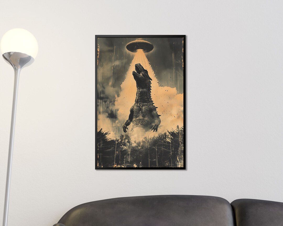 Vintage Dinosaur Abduction Poster, Retro Sci-fi Wall Art, UFO and ...